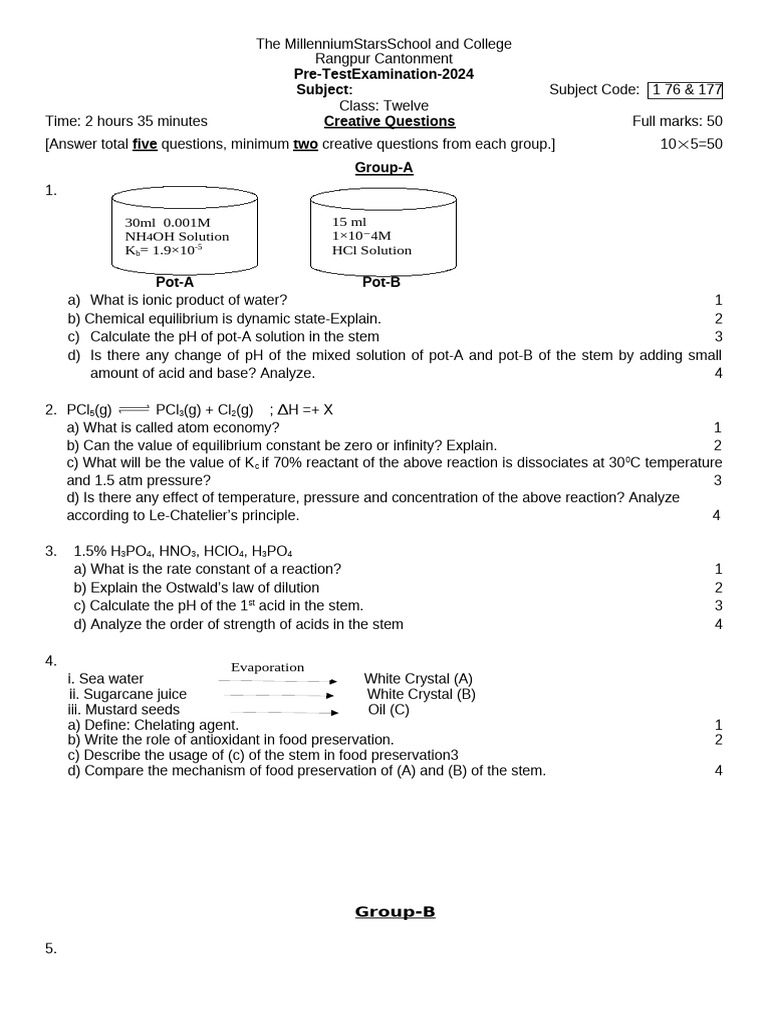 HSC Pre-Test Question Format | PDF | Chemical Equilibrium | Chemical ...