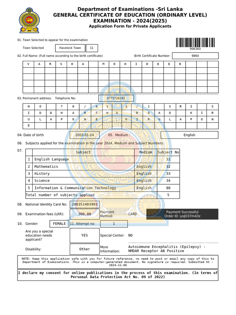 GCE O-Level Private Application Form | PDF | Birth Certificate