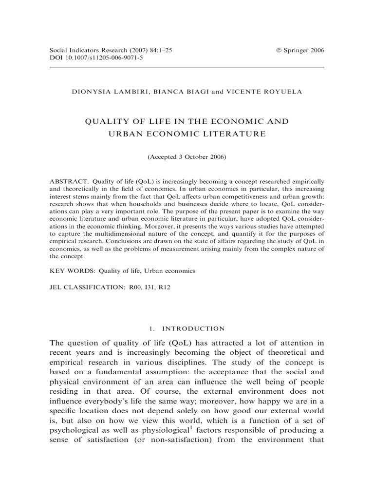 Quality of Life in Urban Economics | PDF | Cost Of Living | Economic ...