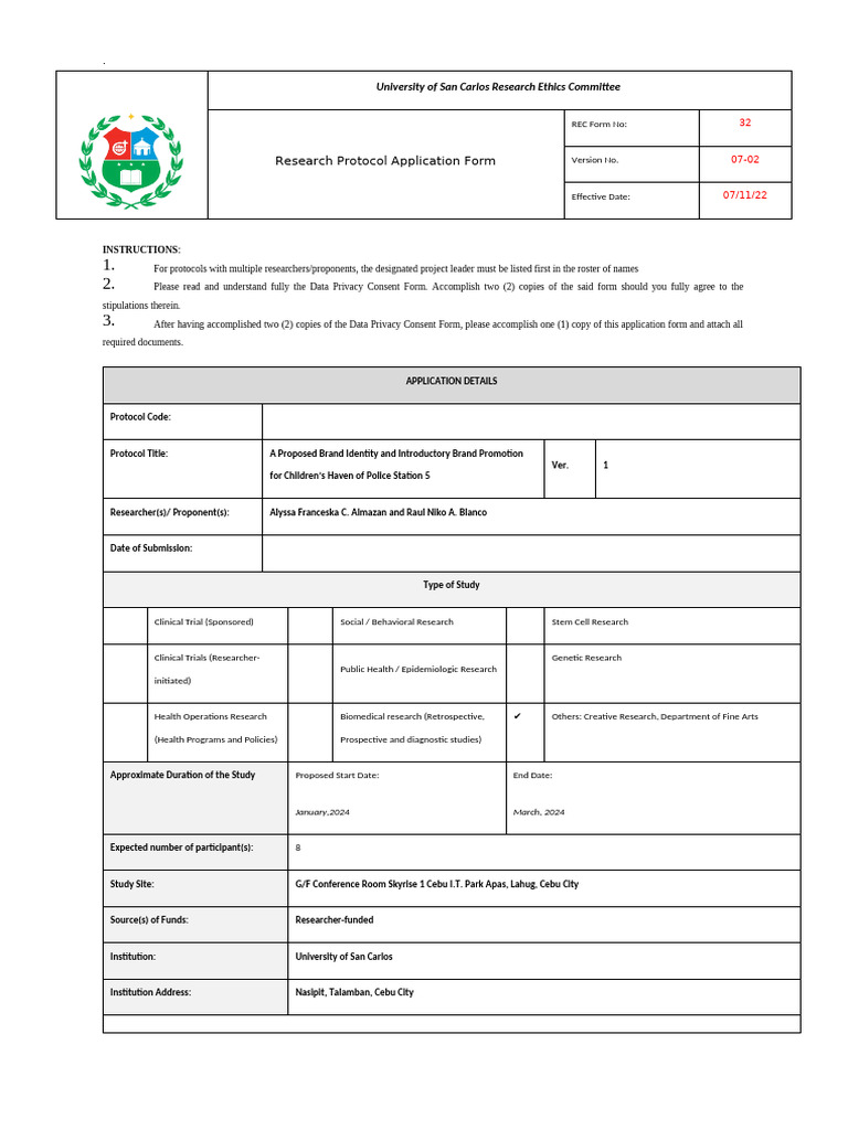 USC REC F-32 - Research Protocol Application Form | PDF | Conflict Of ...
