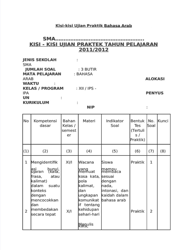 PDF Kisi Kisi Ujian Praktek Bahasa Arab Compress | PDF