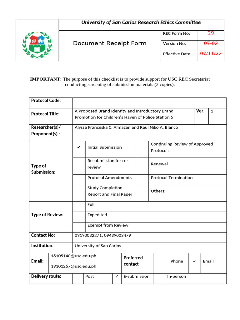 USC REC F-29 - Document Receipt Form | PDF