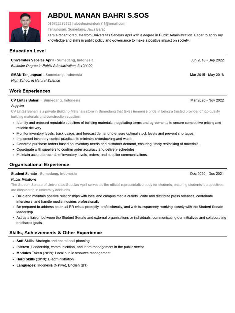 Abdul Manan Bahri S.sos-Resume | PDF | Supply Chain | Inventory