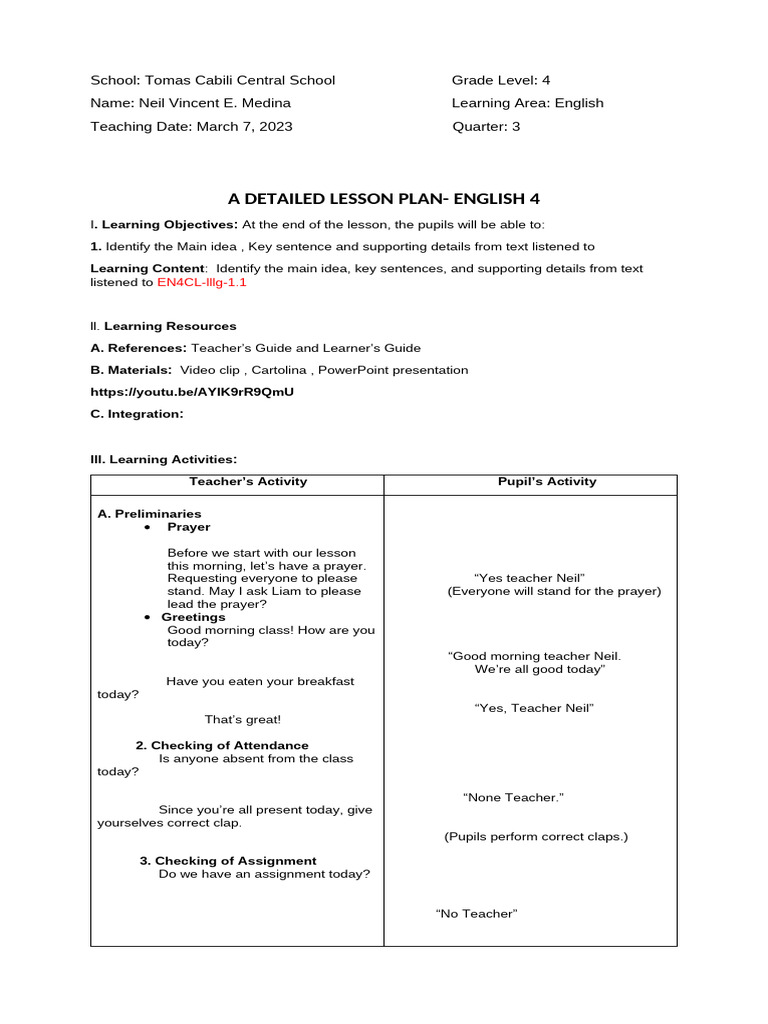 English 4 Lesson Plan on Main Ideas | PDF | Lesson Plan | Paragraph