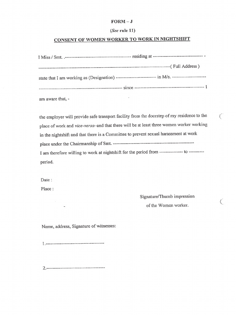 Form-J (Consent of Women Workers To Work in | PDF