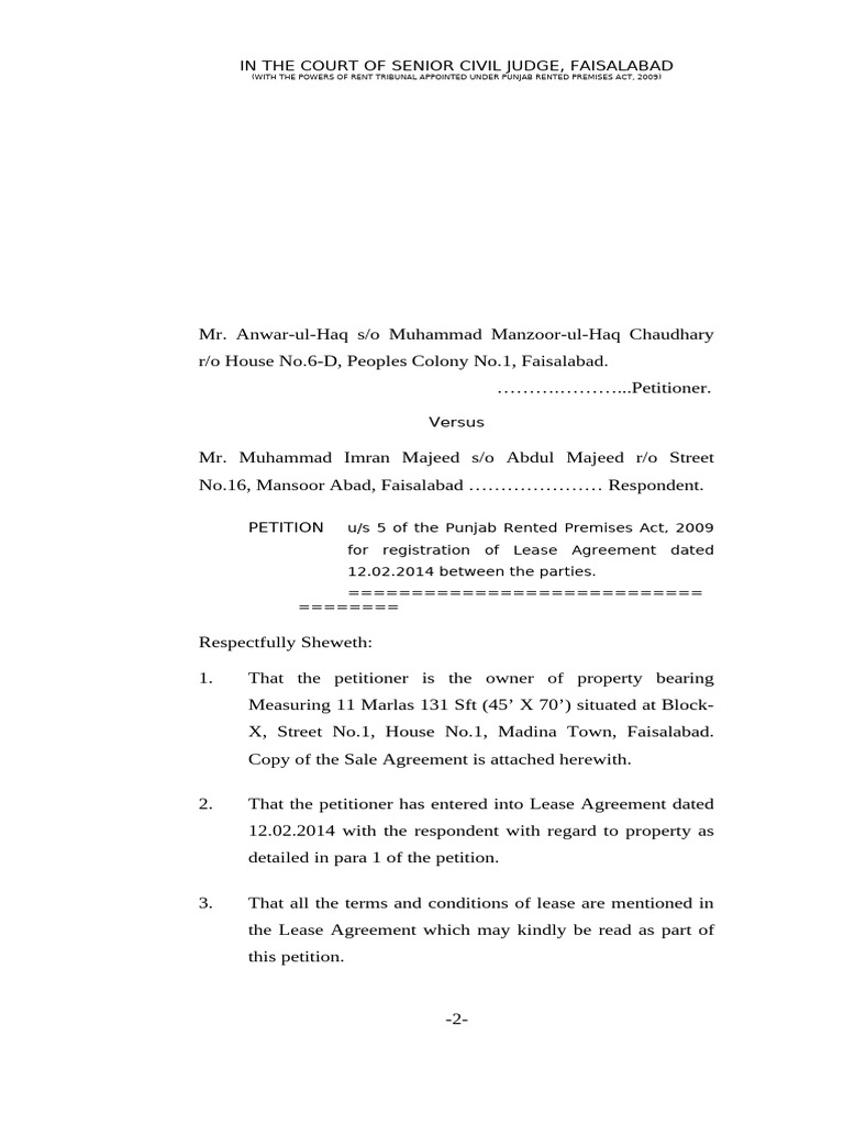 IN THE COURT OF SENIOR CIVIL JUDGE (Anwar Ul Haq) Rent Registration | PDF