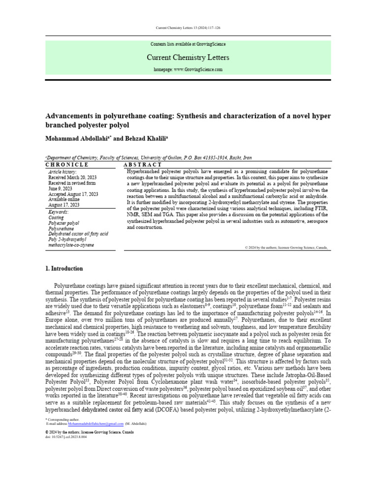Advancements in Polyurethane Coating Synthesis and Characterization of ...