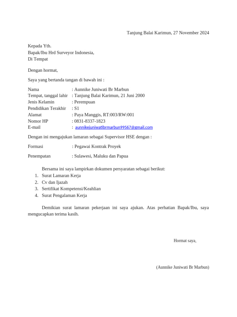 Surat Lamaran Keke | PDF