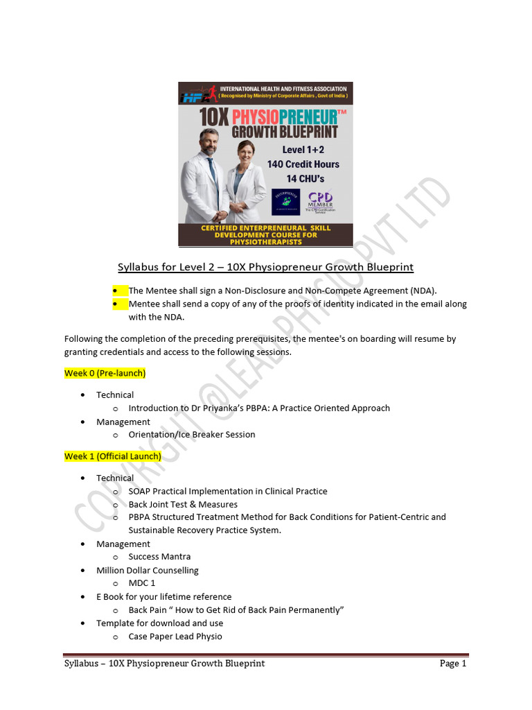 Syllabus For 10X PHYSIOPRENEUR GROWTH BLUEPRINT - Level 2 - R14 | PDF | Physical Therapy