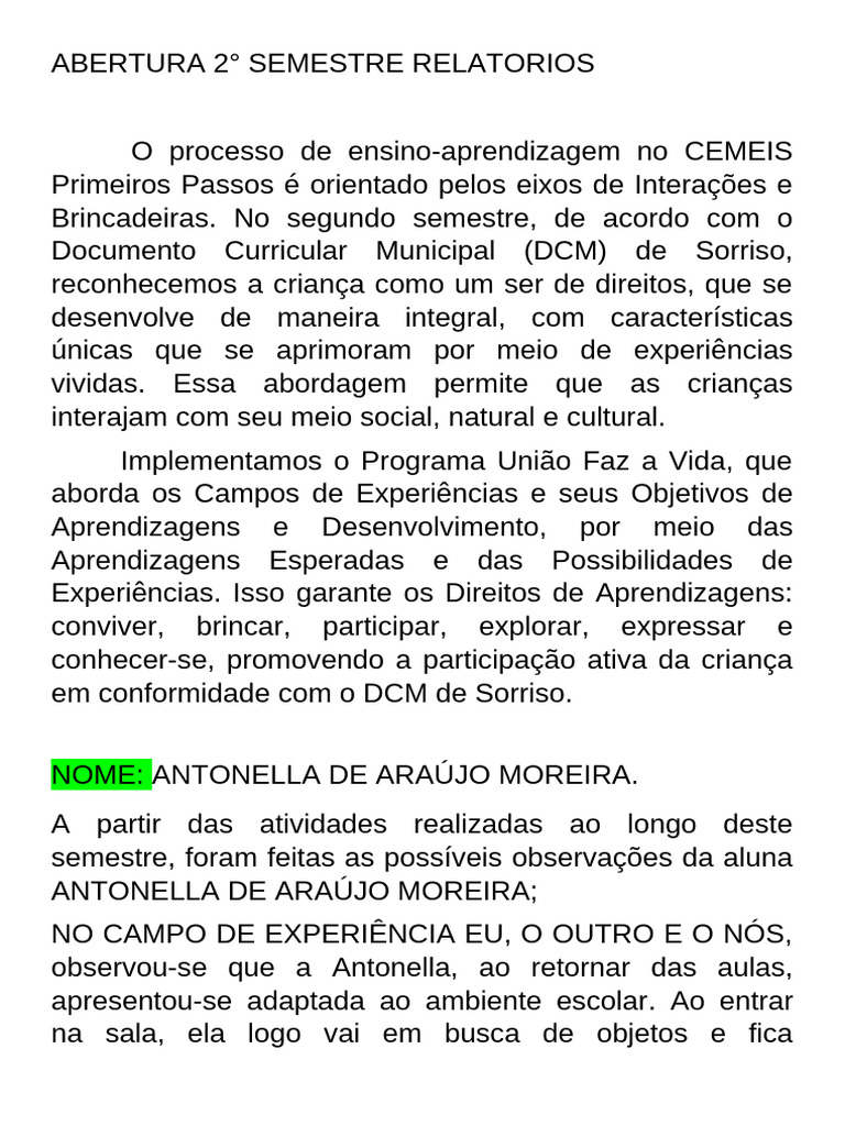 Relatório de Progresso Infantil | PDF | Pedagogia | Aprendizado