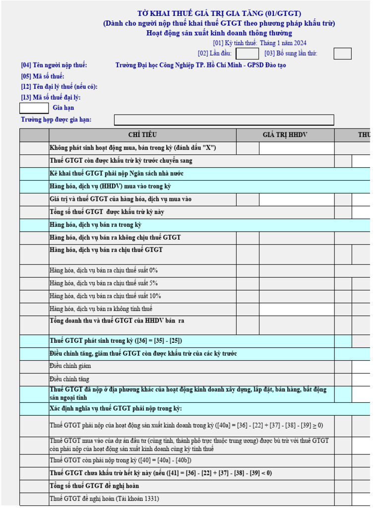 01 GTGT To Khai Thue GTGT Khau Tru Thang 1 Nam 2024 | PDF