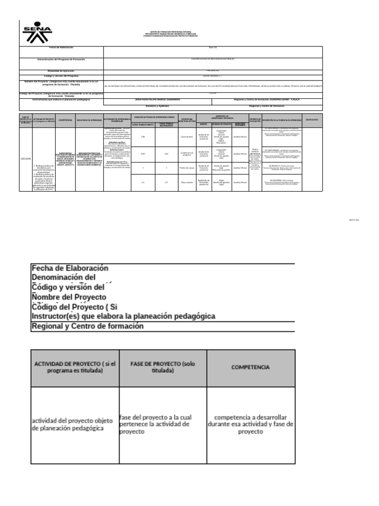GPFI-F-134 Planeacion Pedagógica Proyecto Formativo | PDF | Evaluación ...