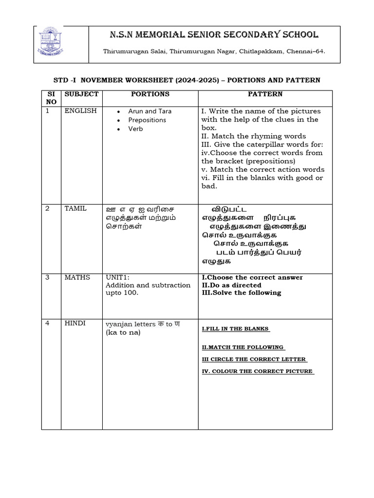 STD 1 Nov Worksheet Portion | PDF