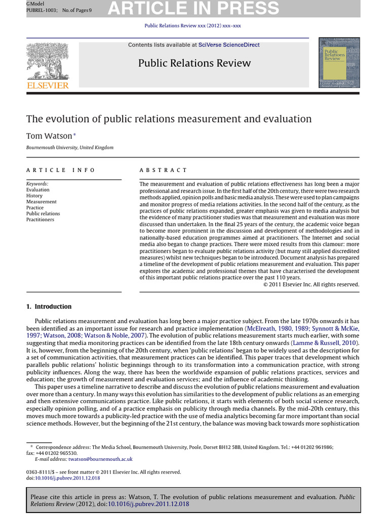 2011 - Watson The Evolution of PR Measurement | PDF | Public Relations | Iso 9000