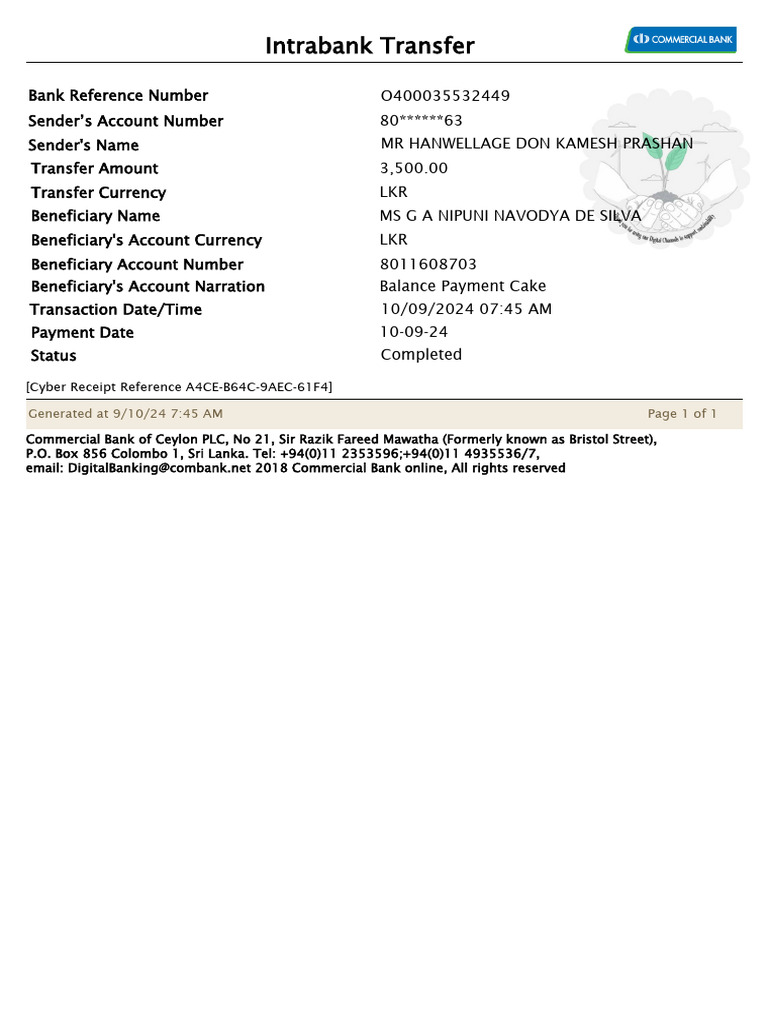Completed Intrabank Transfer Receipt | PDF