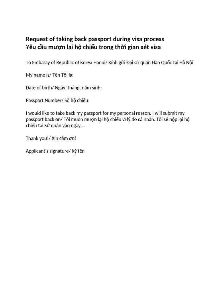 Request of Taking Back Passport During Visa Process | PDF