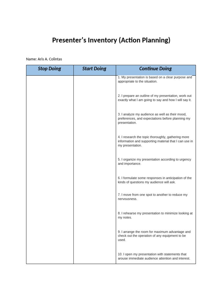 Presentation Action Planning Guide | PDF | Cognition | Communication