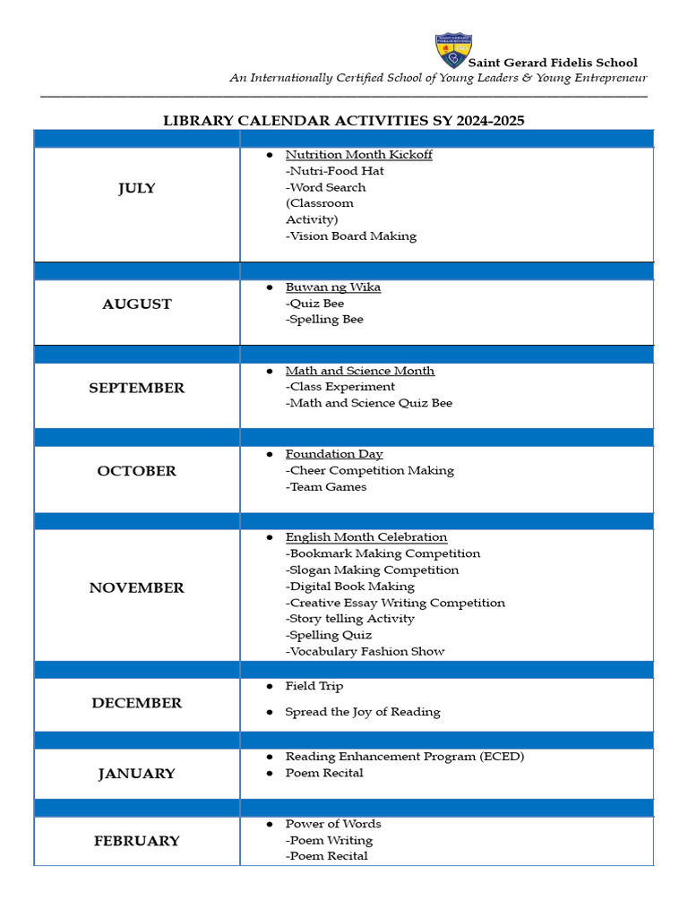 Library Activity Calendar SY 24-25 | PDF