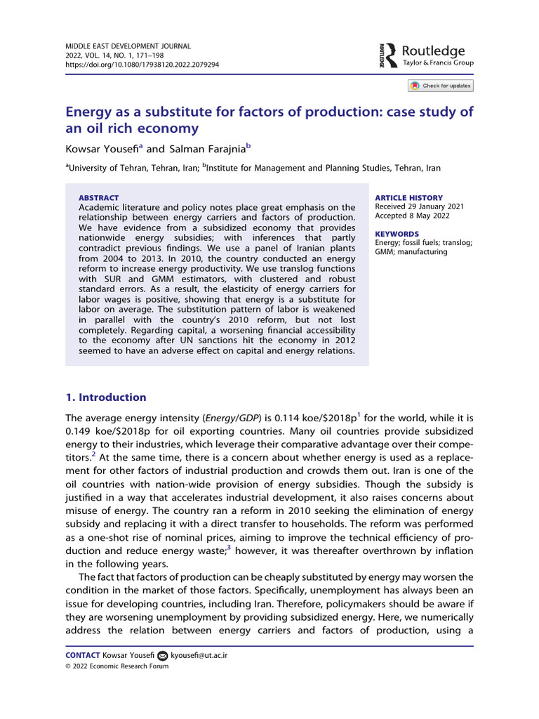 Energy As A Substitute For Factors of Production Case Study of An Oil ...