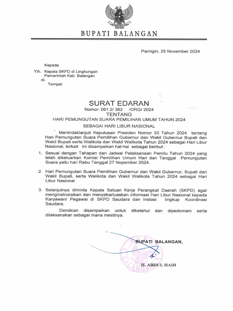 Hari Pemungutan Suara Pemilihan Umum Tahun 2024 Sebagai Hari Libur Nasional | PDF