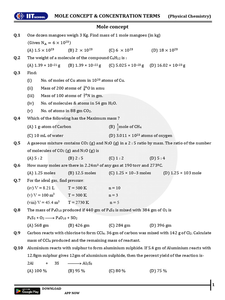 Mole Concept and Concentration Terms | PDF | Mole (Unit) | Physical ...