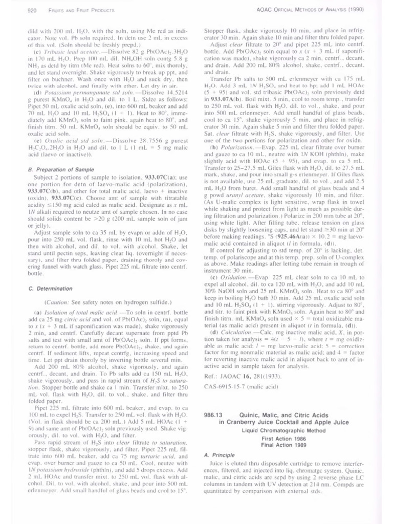 AOAC 986.13 - Quinic, Malic and Citric Acids in Cranberry Juice ...