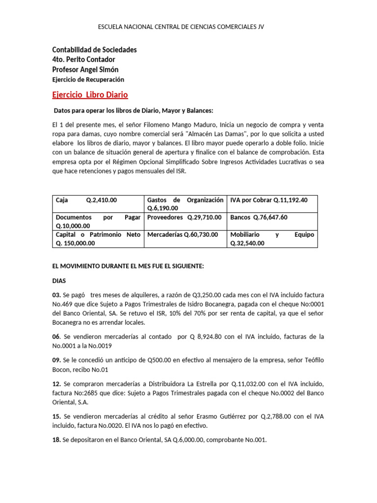 Ejercicio No.1 Libro Diario Angel | PDF | Contabilidad | Economias