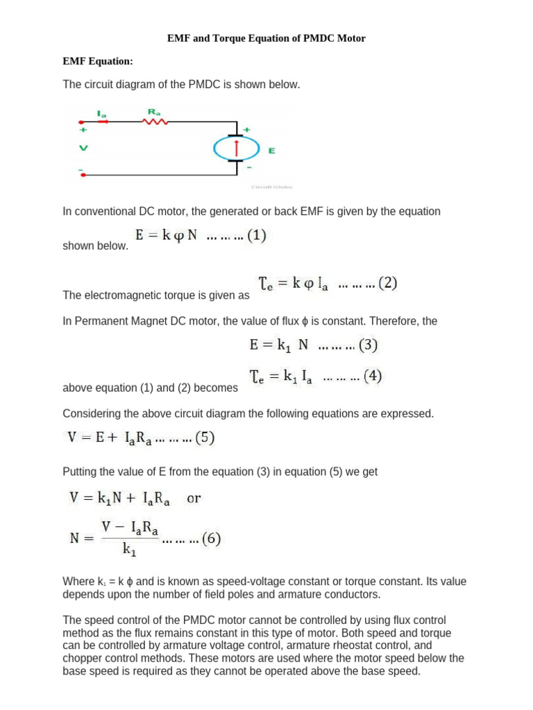 EMF and Torque Equation of PMDC Motor | PDF