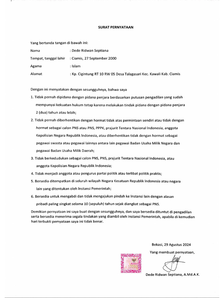 E-Materai Surat Pernyataan Ridwan | PDF