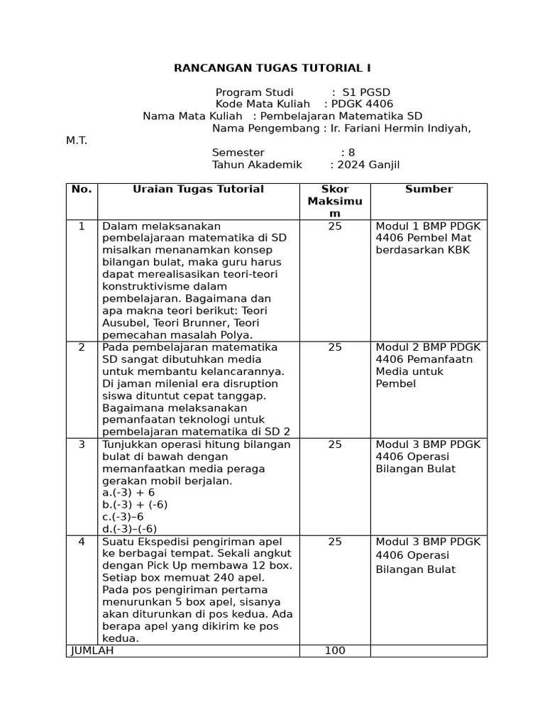 RANCANGAN TUGAS TUTORIAL I Pembel MTK | PDF