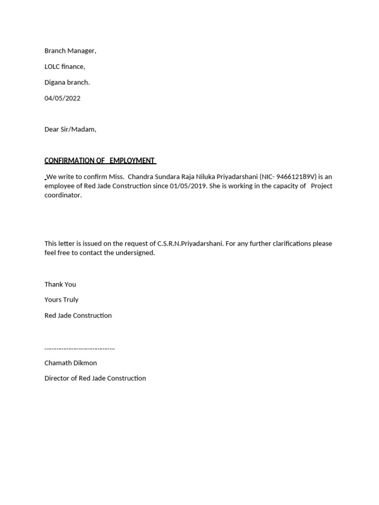 Work Confirmation Letter | PDF