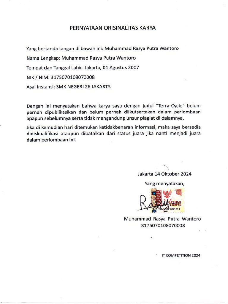 Pernyataan Orisinalitas Karya | PDF