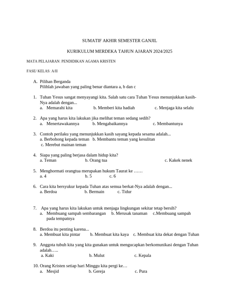 SUMATIF AKHIR SEMESTER GANJIL Kls 2 | PDF