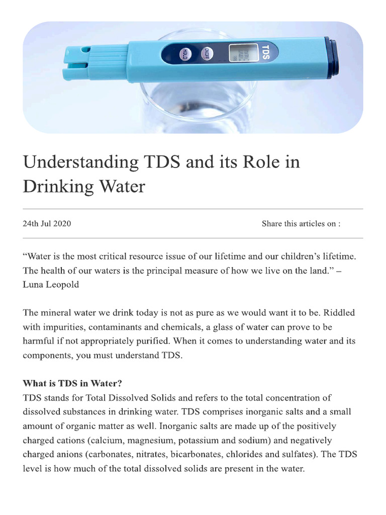 Understanding What Is TDS in Drinking Water - Total Dissolved Solids Levels | PDF