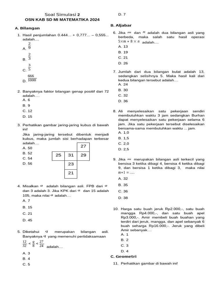 Soal Simulasi 2 Osn-Ksm Matematka SD Mi 2024 | PDF