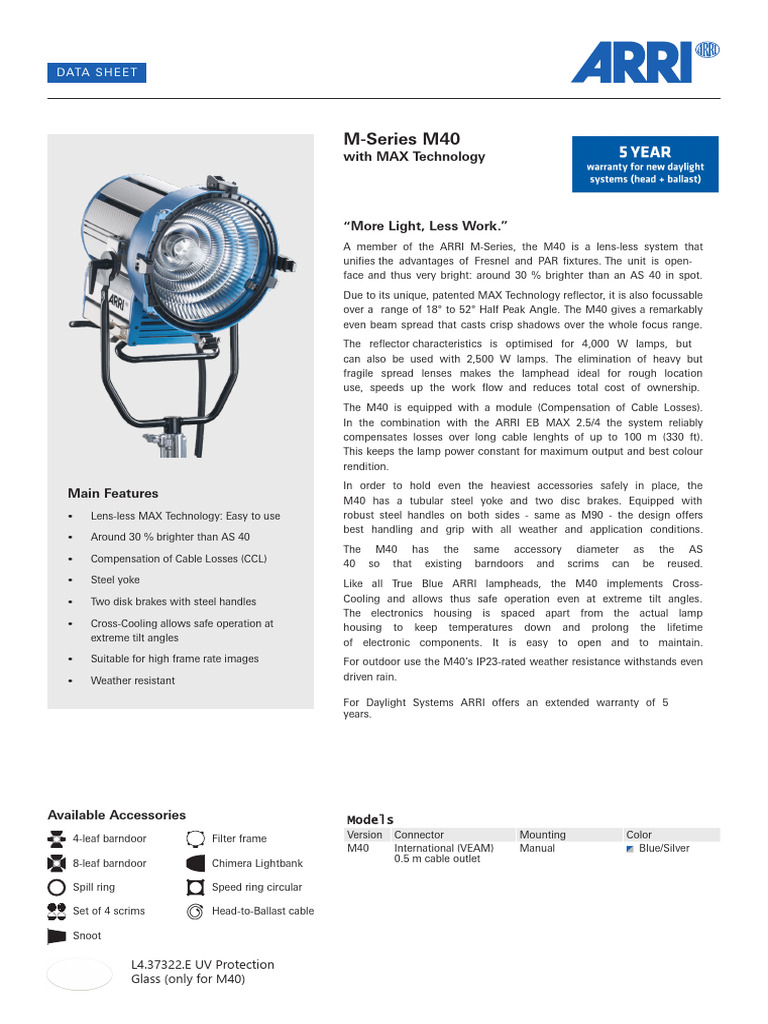 Arri M Series m40 Data Sheet en Sep2018 Data | PDF | Equipment | Optics