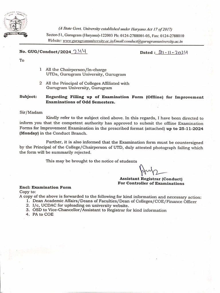 Regarding Filling Up of Examination Form (Offline) For Improvement ...