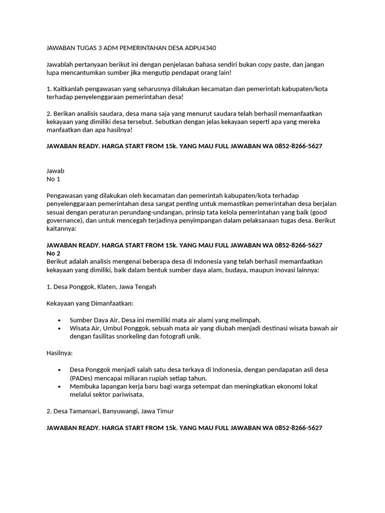 Jawaban Tugas 3 Adm Pemerintahan Desa Adpu4340 | PDF