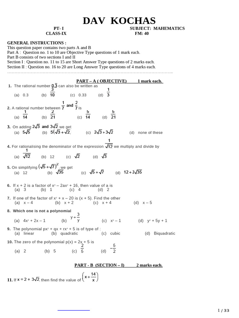 DAV KOCHAS PT I Class 9 Maths | PDF | Factorization | Elementary Mathematics