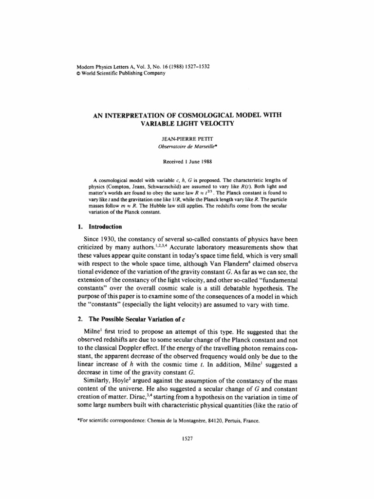 An Interpretation of Cosmological Model With Variable Light Velocity | PDF