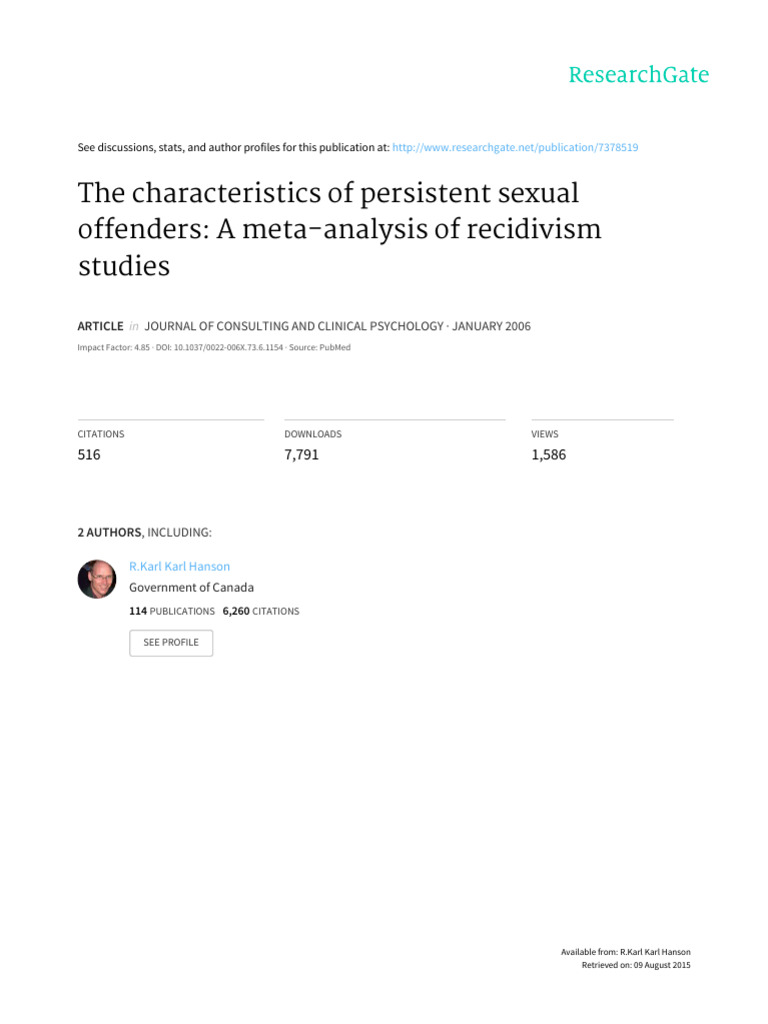 Characteristics of Persistent Sex Offenders Meta Analysis of Recidivism ...