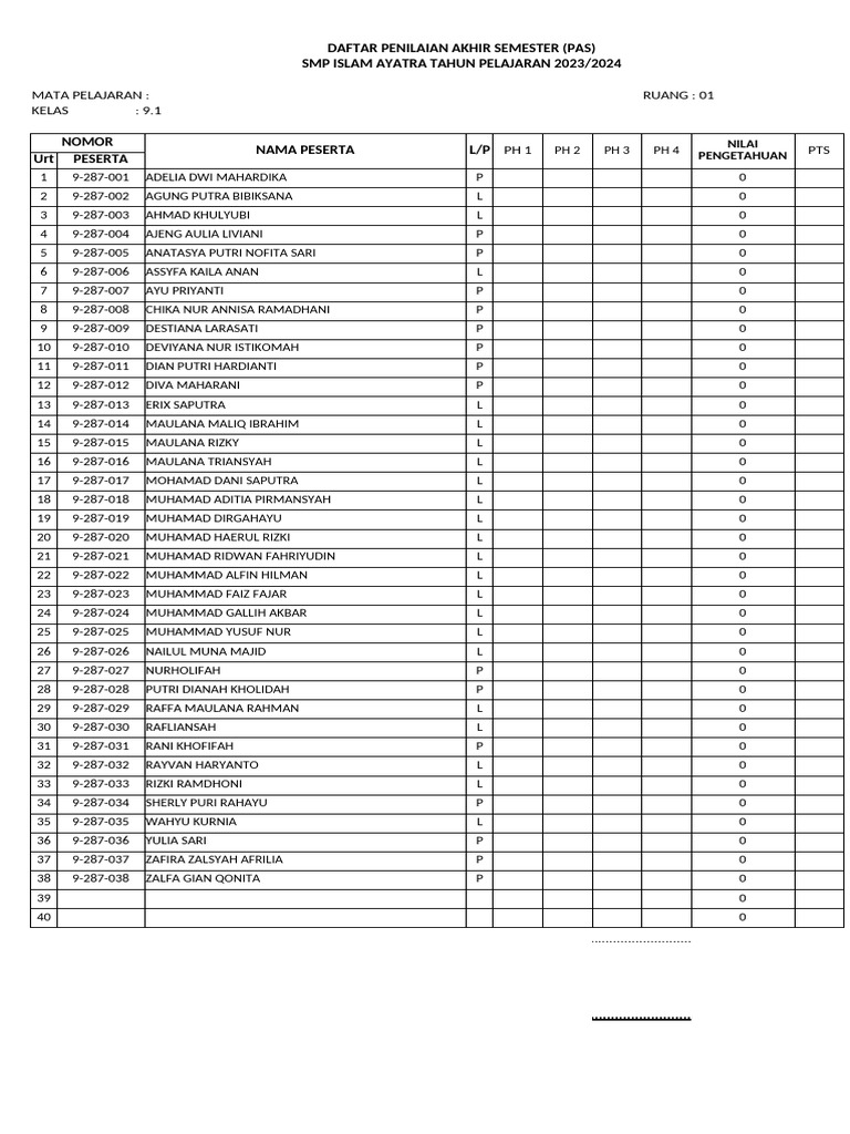 Daftar Nilai Pas 2023.2024 | PDF