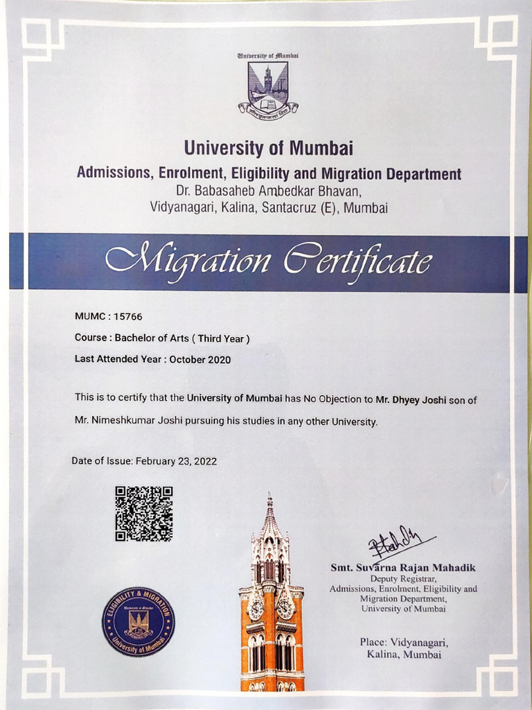 Migration Certificate - Dhyey Joshi | PDF