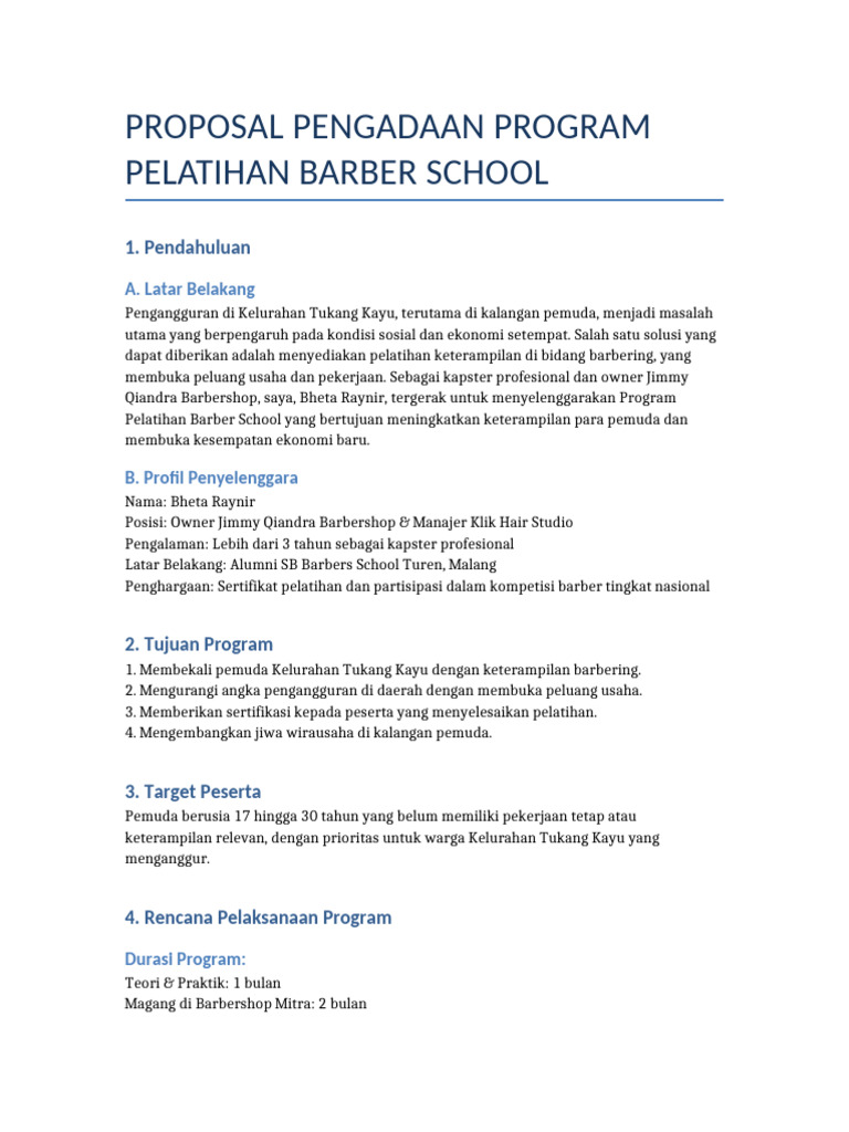 Proposal Pelatihan Barber School | PDF