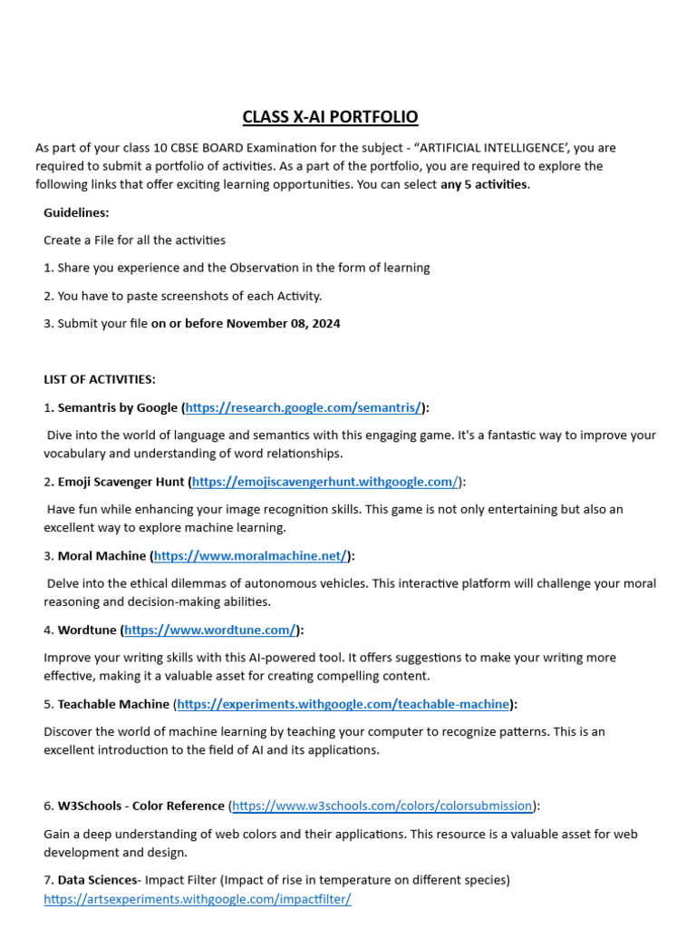 Class 10 AI Portfolio Guidelines | PDF