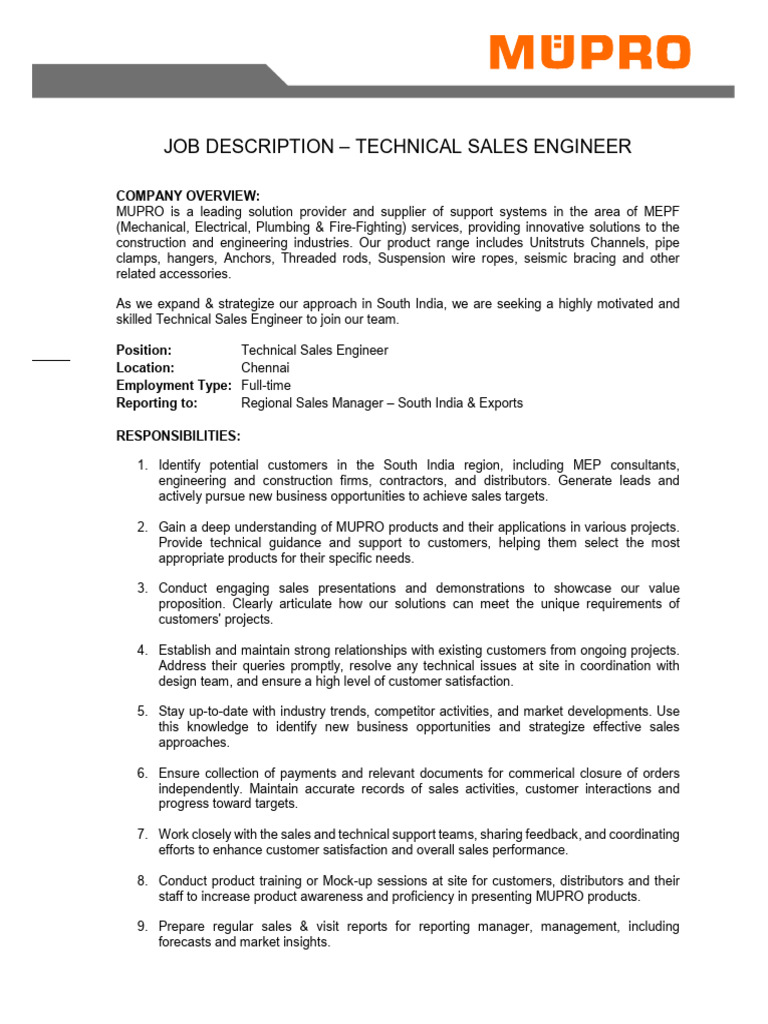 JD - Technical Sales Engineer (Chennai) - 5 | PDF | Sales | Communication