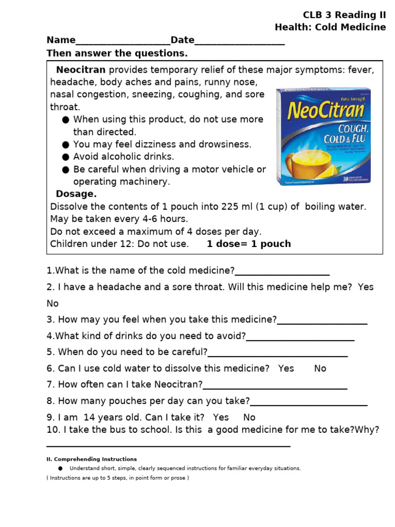 CLB 3 Reading II Health - Cold Medication | PDF