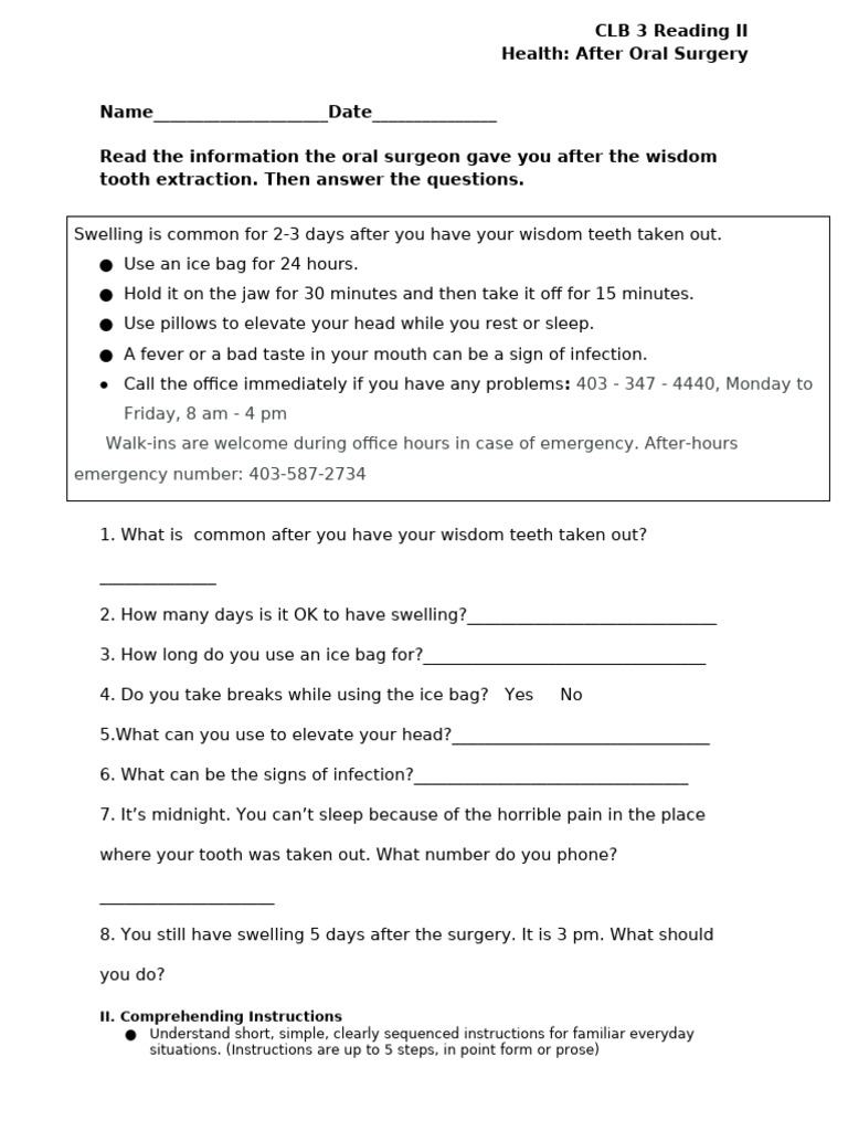 CLB 3 Reading II Health-After Oral Surgery | PDF