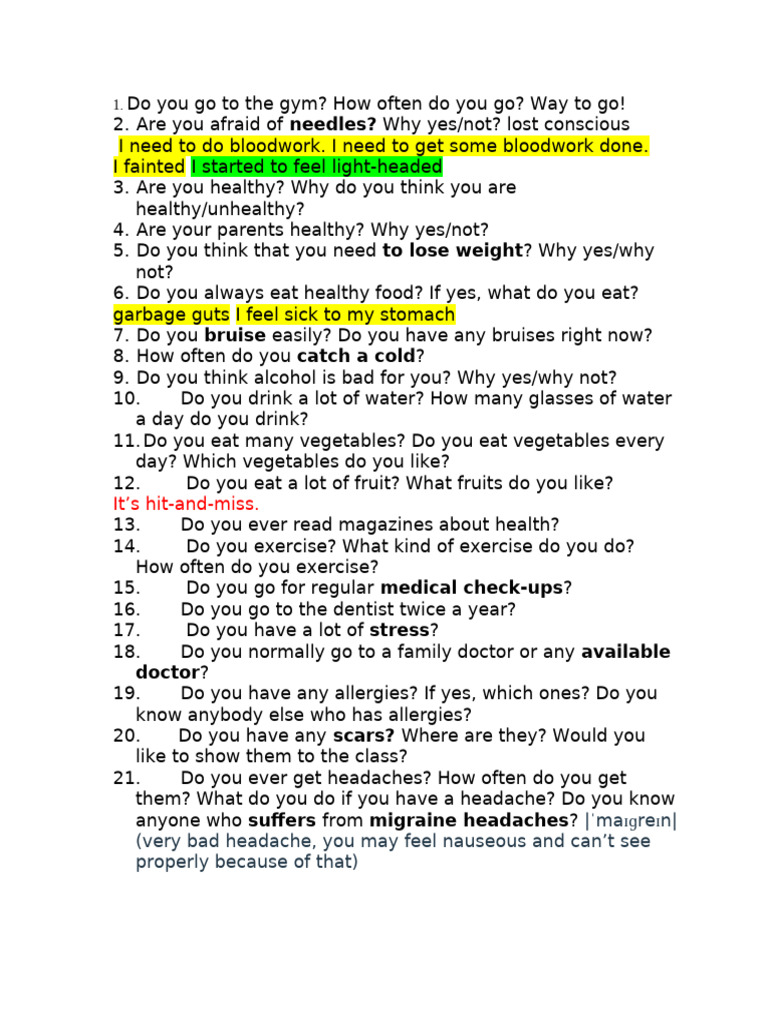Health Conversation Questions | PDF | Headache | Determinants Of Health