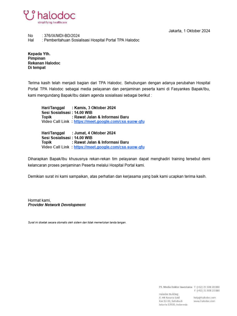 Undangan Sosialisasi Portal TPA Halodoc - Topik Rawat Jalan & Informasi Bar | PDF